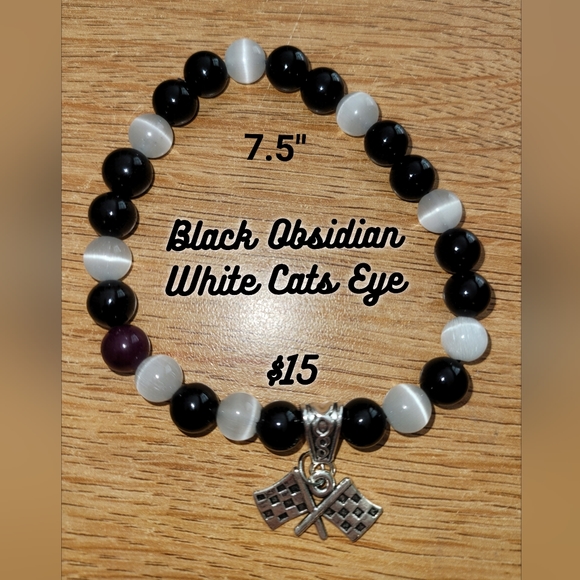 Jewelry | Black Obsidianwhite Cats Eye Bracelet W Racing Flags Charm ...
